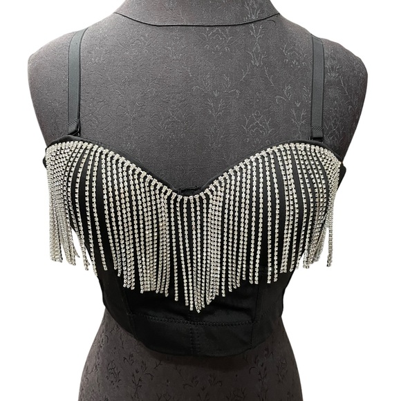 Tops | Black Studded Diamond Fringe Bustier Medium | Poshmark